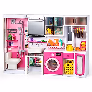 TEMI 4-in-1 Mini Bathroom Playset with Lights & Sounds, Pink Play Dressing Table Toy Set, Furniture, Bathroom Accessories, Pretend Role Play Toys for Boys Girls