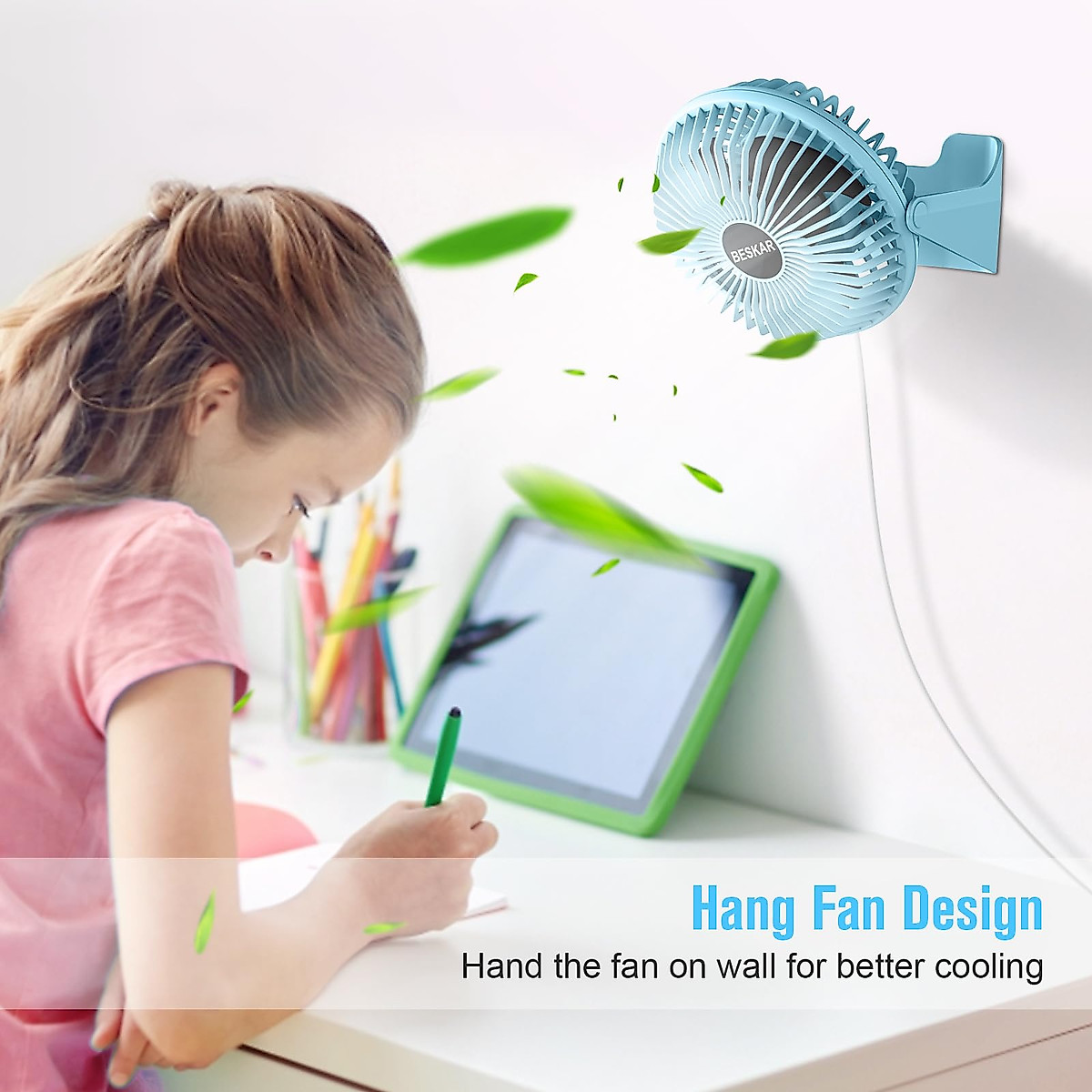 BESKAR USB Small Desk Fan, Portable Fans with 3 Speeds Strong Airflow, Quiet Operation and 360°Rotate, Personal Table Fan for Home,Office, Bedroom- 3.9 ft Cord/Blue