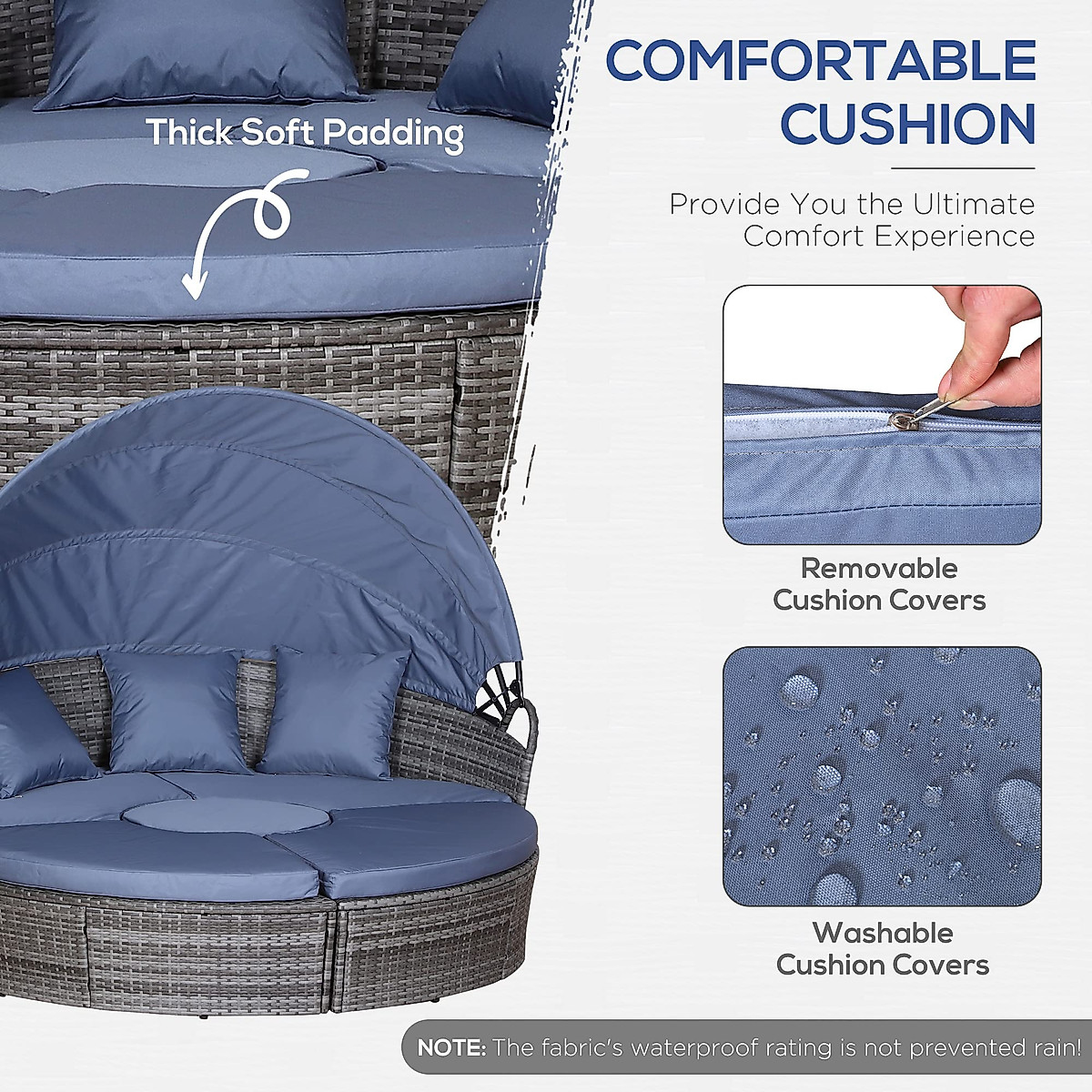 Outsunny 4pc Rattan Patio Furniture Set, Round Convertible Daybed or Sunbed, Adjustable Sun Canopy, Sectional Outdoor Sofa, 2 Chairs, Table, 3 Pillows, PE Plastic Wicker, Gray