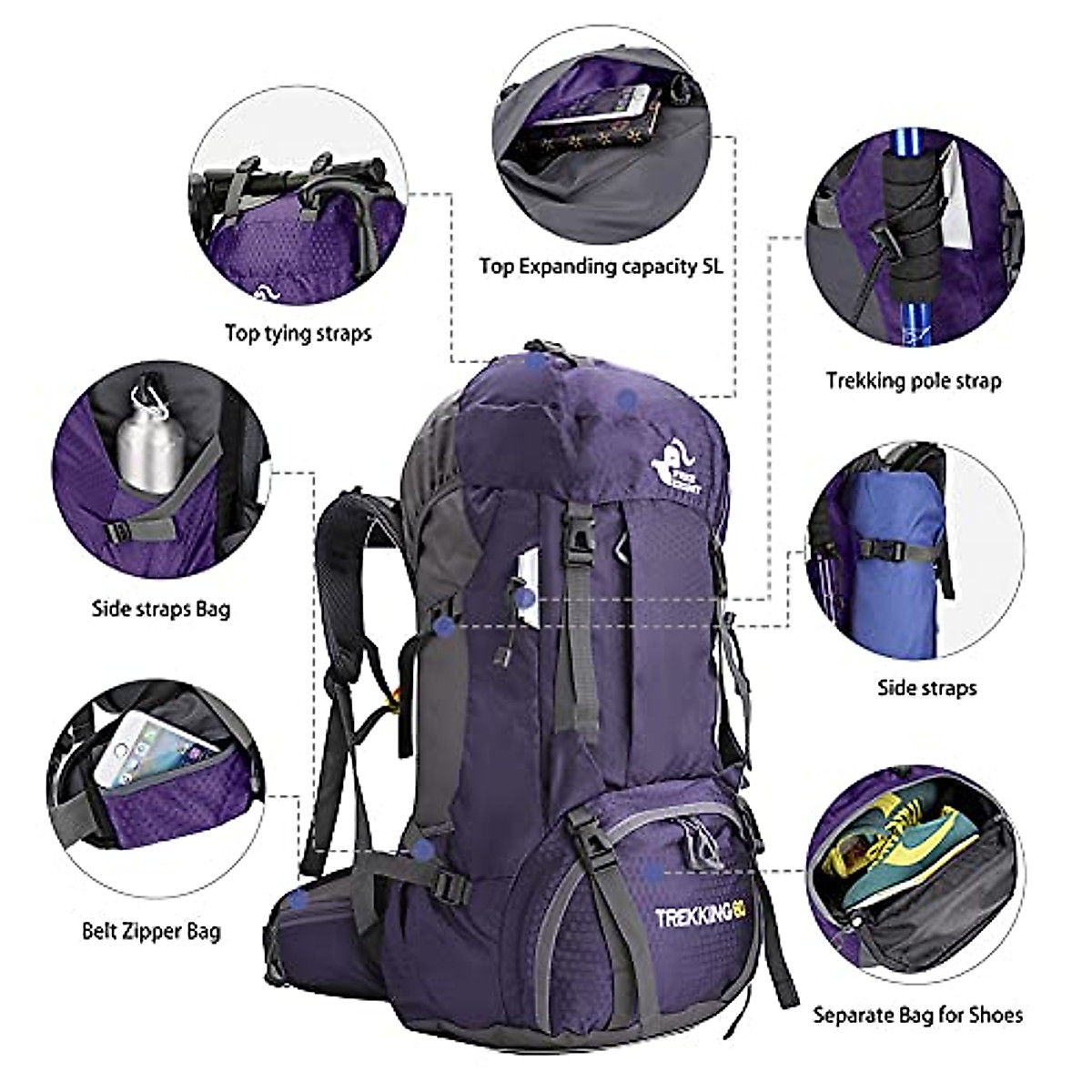 Kerxinma 60L Hiking Backpack Waterproof Travel Hiking Camping with Daypack Cover (Purple)