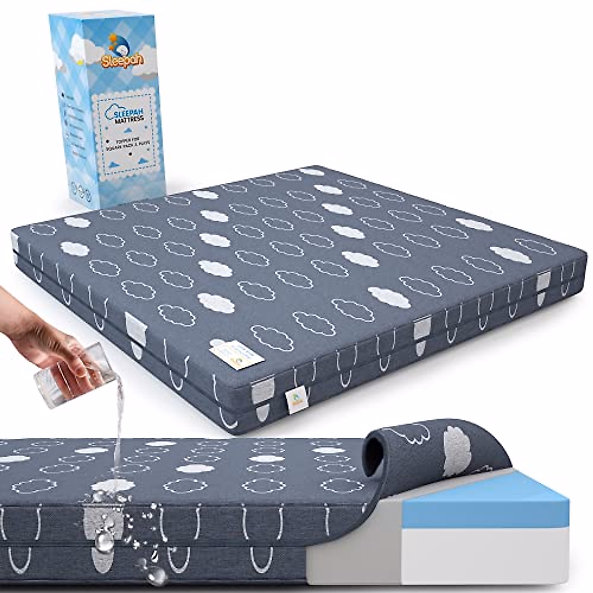 Sleepah Square Pack and Play Mattress 3" Waterproof Memory Foam Playard Portable Playpen Mattress Topper w Removable Cover Compatible with Joovy Room 2 Delta Children Century Thick Dual Sided 36”x36”