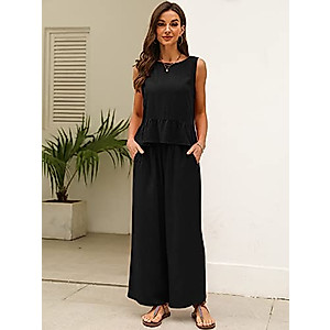 AUTOMET Two Piece Outfits for Women Cruise Resort Wear 2023 Summer Vacation Sleeveless Linen Crop Tank Top Casual Matching Lounge Sets Tracksuits Long Pants Dressy Jumpsuits