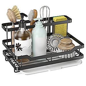 MFTEK Kitchen Sink Caddy Sponge Holder, Large Sponge Holder for Kitchen Sink Countertop Organizer, Soap Holder Tray Dish Dispenser Storage Rack with Drain Tray, Black -Not Include Sponge, Brush
