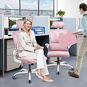 Soontrans Pink Ergonomic Office Chair with Lumbar Support Pillow, Mesh Office Chair with Adjustable Arms & Headrest, Rocking Office Desk Chair, Comfortable Ergonomic Chair