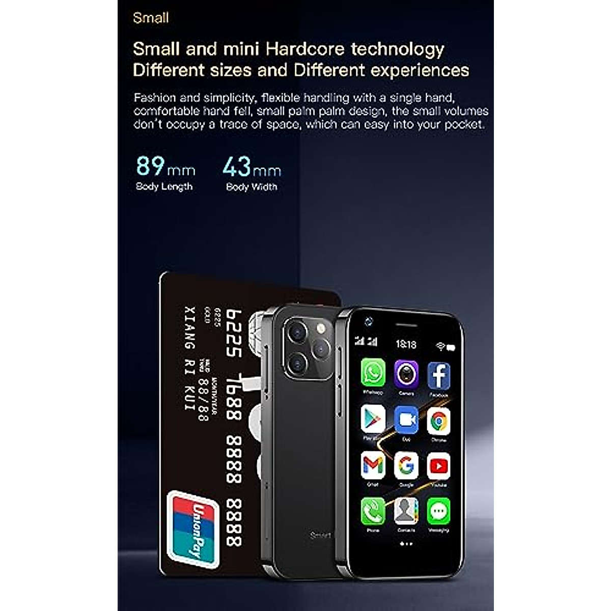 XS12 Pro Super Mini 4G LTE Smartphone 3.0-inch Display 4GB RAM 32GB/64GB ROM 8 Core Android 10.0 Dual SIM 2000mAh 13MP with Google Play Store Backup Small Mobile Phone (Blue, 2GB+16GB)