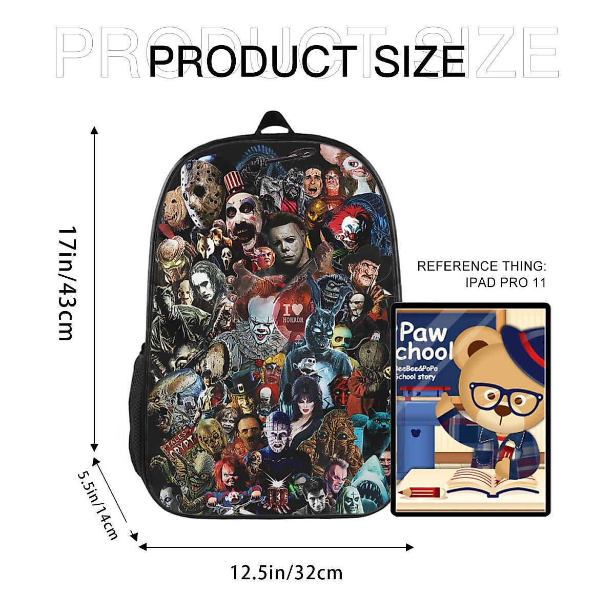 Halloween Horror Movie Backpack, Multi-Function Travel Backpack, Adjustable Shoulder Strap Backpack 17"