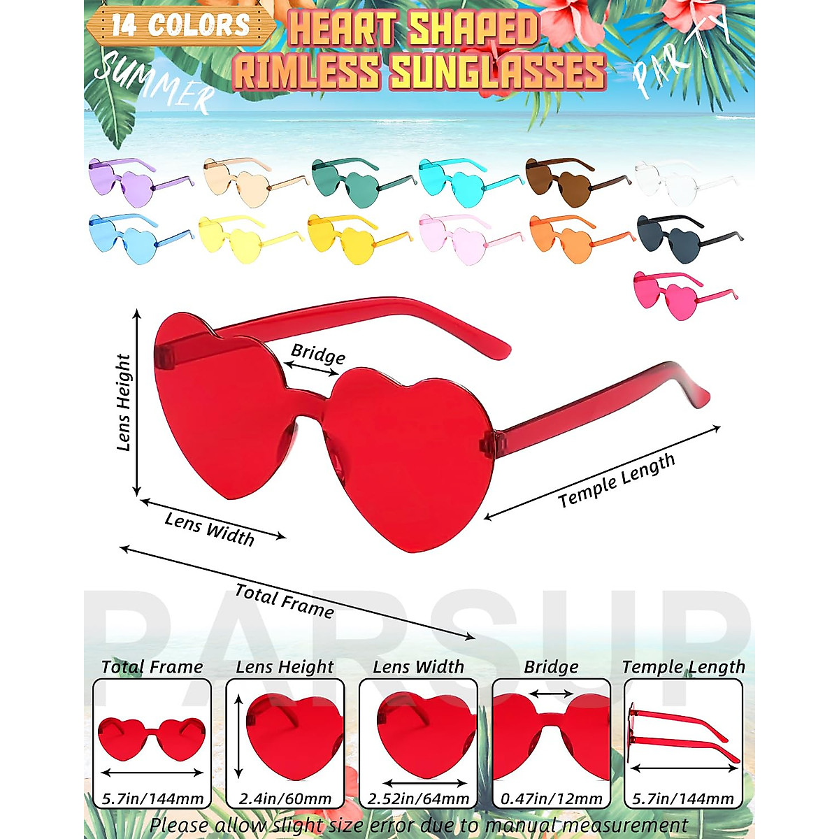 PARSUP 14 Pairs Heart Shaped Rimless Frameless Sunglasses Transparent Candy Color Glasses Tinted Eyewear Bachelorette Party Favors Photo Booth Props,14 Colors