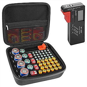 Linkidea Hard Battery Storage Container, Organizer Box with Tester BT-168, Safe Carrying Battery Case Holder - Holds 63 Various Sizes AA AAA 9V C D Batteries with Battery Tester