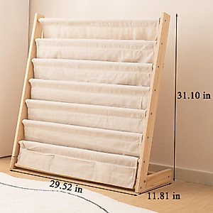 Wooden Bookshelf for Kids Wood Bookrack Canvas Book Storage Shelf Display Bookshelf 6 Tier Kids Book Rack for Bedroom Living Room Playroom Storage Organizer Natural (29.52" L x 11.81" W x 31.10" H)
