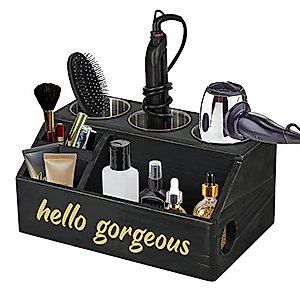 LADESIGGN Hair Tool Organizer for Bathroom Rustic Wood Hair Accessories Organizer Bathroom Tool Organizers and Storage with Metal Cups Wood Hair Dryer Holder Countertop Decorative Boxes Made of Wood