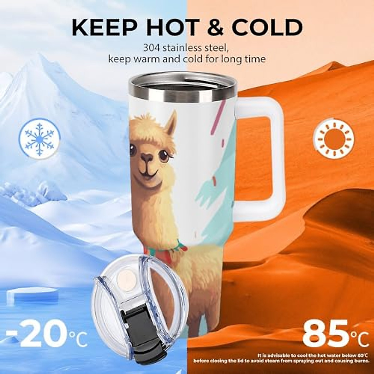 LLUTSNTH 40 Oz Vacuum Tumbler with White Handle Leakproof Insulated Tumbler Llama Alpaca Stainless Steel Travel Mug with Lid And Straw Coffee Cup Cute Water Bottles Cup Holder Friendly