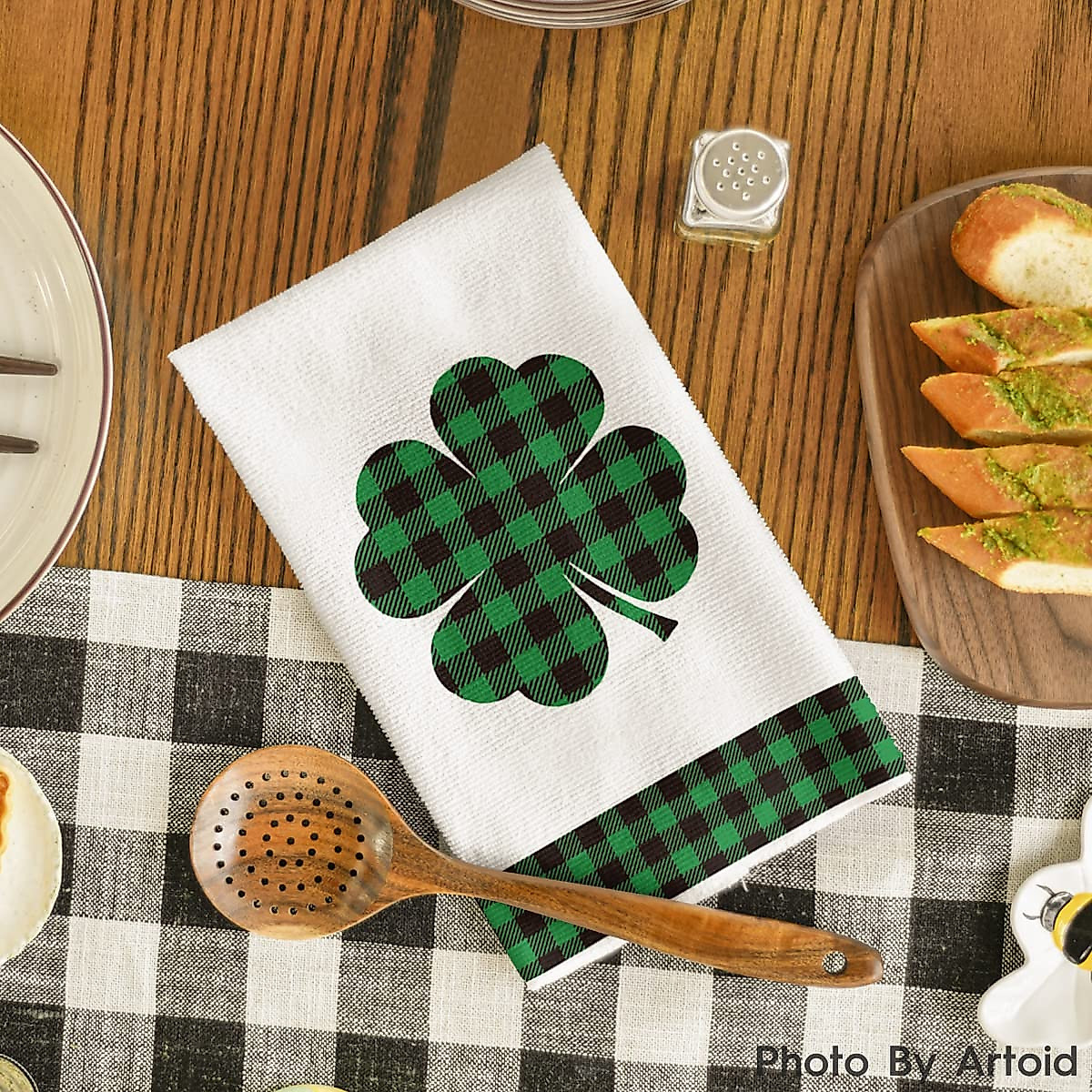 Artoid Mode Buffalo Plaid Lucky Clover Shamrock Truck Kitchen Dish Towels, 18 x 26 Inch Seasonal St. Patrick's Day Ultra Absorbent Drying Cloth Tea Towels for Cooking Baking Set of 2