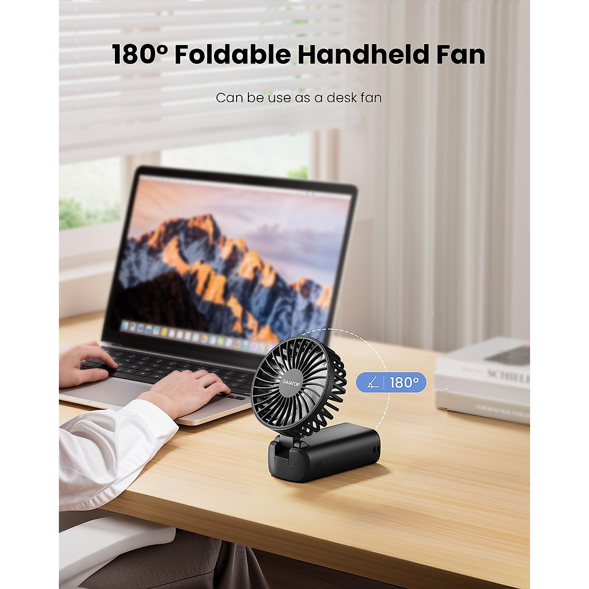 Gaiatop Portable Handheld Fan, 180° Foldable Desk Fan 3 Speed Personal Mini Hand Fan, 2000mAh Powerful Rechargeable Small Fan with Digital Display, USB Personal Fan for Office Outdoor Makeup-Black