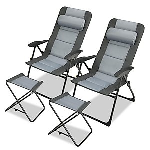 GYMAX Patio Chairs with Ottomans, Outdoor Recliner Set of 2 with 7-Level Backrest, Armrest, Detachable Headrest & Back Pocket, Padded Folding Camping Lounger for Lawn Balcony Backyard (2)