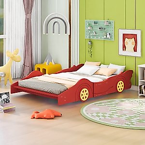 Full Size Race Car Bed for Boys, Wood Low Platform Bed Frame with Support Slats, Full Beds in Race Car-Shaped for Kids Teens, Red