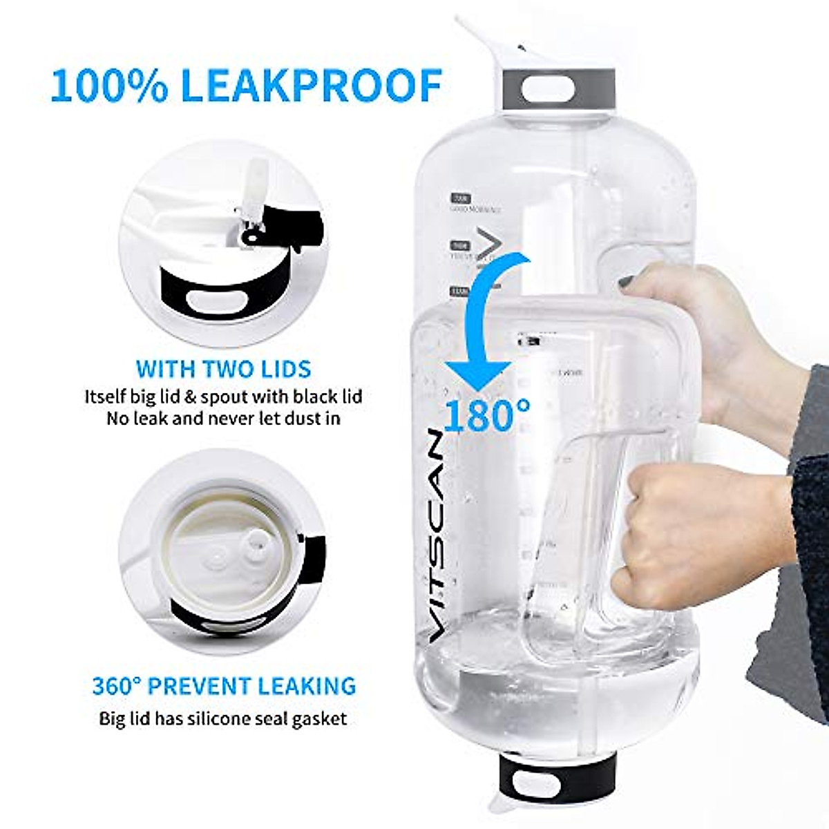 128OZ/1 Gallon Motivational Water Bottle with Time Marker, Large Jug for Sports, Two Handles BPA Free (white)