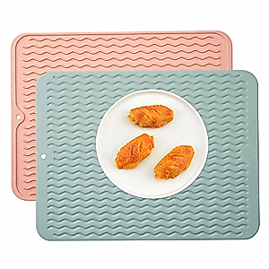 Dish Drying Mat, 2 Pack Silicone Drying Mat for Kitchen Counter, 16x12 Inches Dish Mat, Easy Clean Eco-friendly, Heat-resistant Mat (Pink+Green)