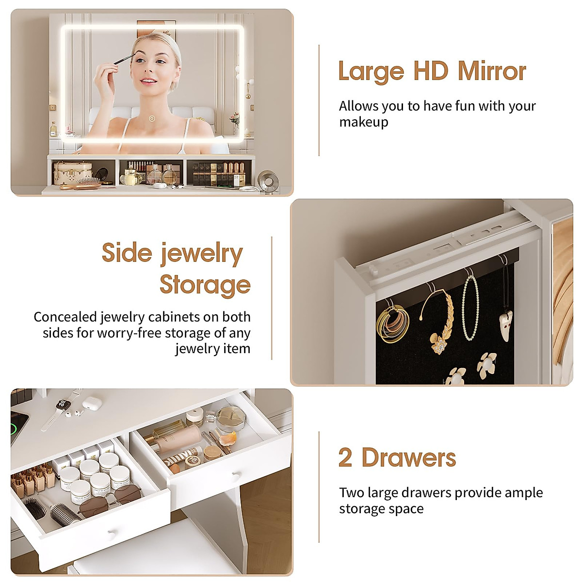 Fameill Vanity Desk with Mirror and Lights, White Makeup Vanity with 3 Color Lighting & 2 Large Drawers, Small Vanity with Charge Station and Stool, Vanity Set with Hidden Sliding Jewelry Cabinet