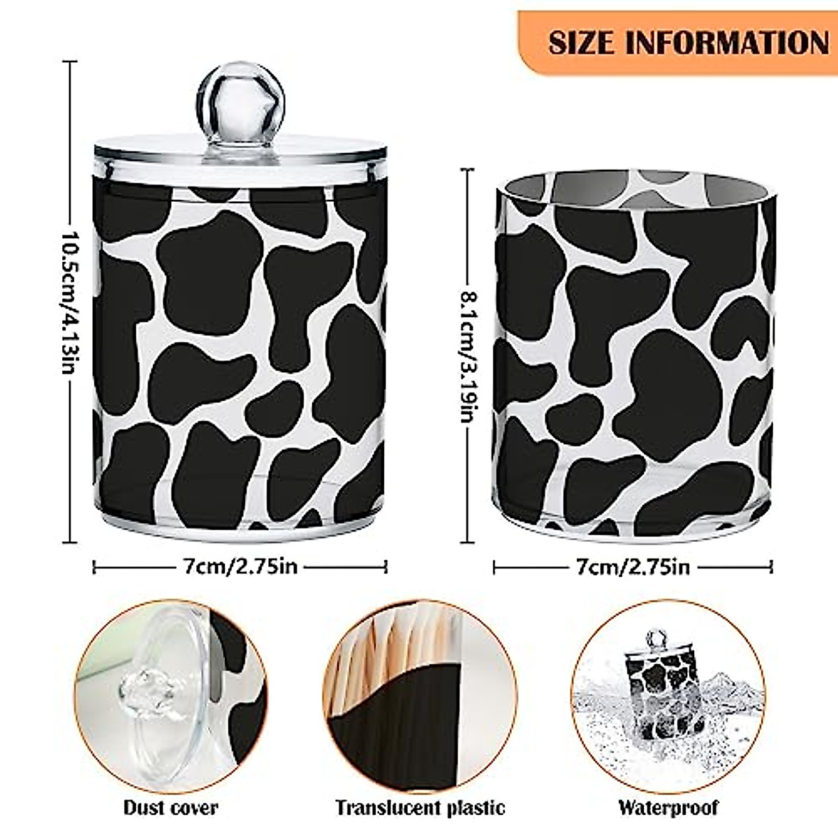 Sletend 2 Pack Plastic Qtips Holder Cow Print Bathroom Organizer Canisters for Cotton Balls/Swabs/Pads/Floss,Plastic Apothecary Jars for Vanity