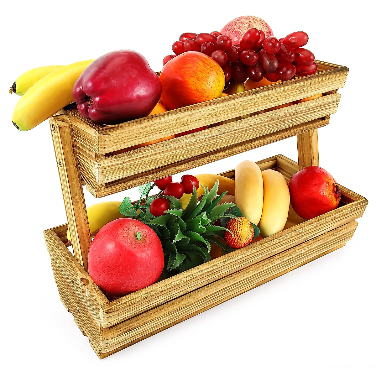 CALM COZY 2-Tier Wooden Fruit Basket, Farmhouse Fruit Basket Counter Top Organizing for Kitchen, Vegetable Stand Bread Racks Produce Basket, Classic Wood Color