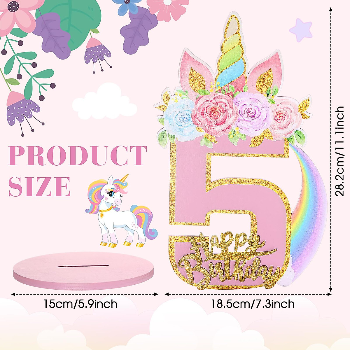 MiniInflat Unicorn 3/5/6th Birthday Number Sign Centerpiece for Girls 11.8 Inch Unicorn Number Wooden Table Decoration Unicorn Party Supplies for Kids Birthday Anniversary((Number 5)