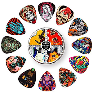 Guitar Picks,24 Pack Celluloid Thin, Medium, Heavy & Extra Heavy Picks with Tin Box,Unique Artistic Variety Pack Guitar Pick for Acoustic Guitar,Bass Guitar, Electric Guitar (Mix three)