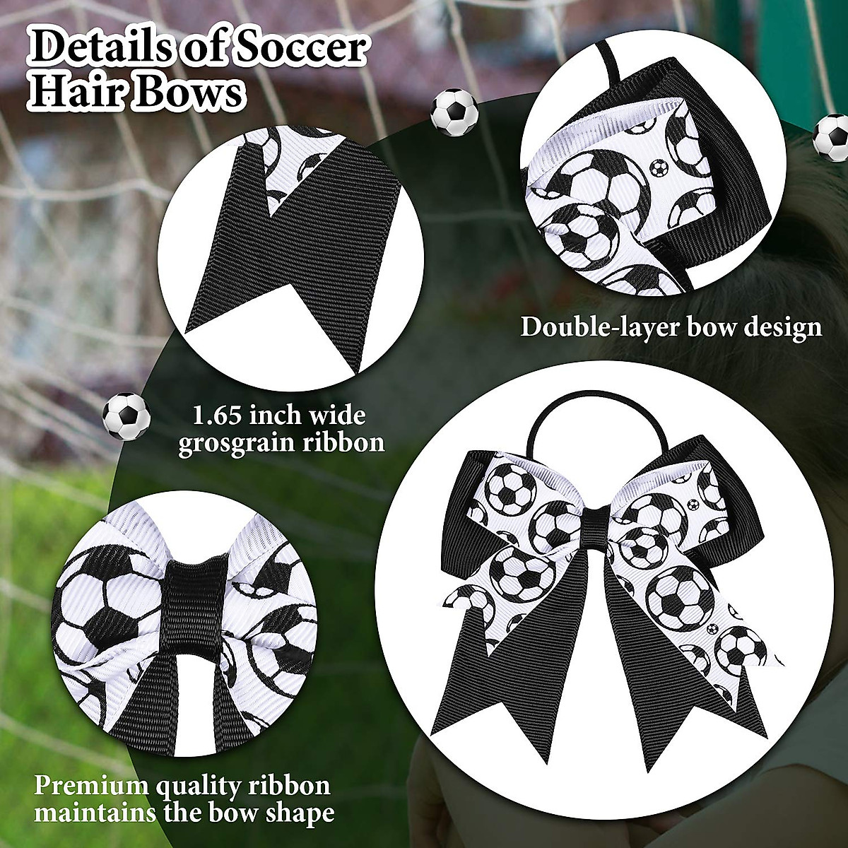 10 Hair Accessories - Soccer Hair Bows, Elastic Ponytail Holders, and Sport Hair Ties for Girls Players and Teams (Black and White)