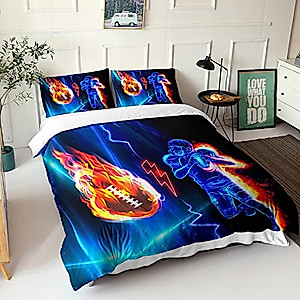 AILONEN Sports Rugby Duvet Cover for Boys Girls 3PCS Twin Size, Flaming Galaxy Rugby Football Bedding Set,Blue and Red Theme Comforter Cover Set,1 Quilt Cover 2 Pillowcases,Perfect for Boys Room