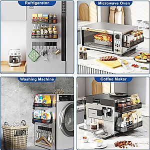 Miyawell Magnetic Spice Rack for Refrigerator, 3 Pack Magnetic Shelf, Fridge Organizer Shelves for Kitchen Organization and Storage, Moveable Space Saver Seasoning Racks with 8 Hooks, Metal&Black