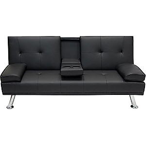 Entertainment Convertible Futon Sofa Bed with Cup Holder Couch Recliner Lounger Sleeper Home Living Room Bedroom Apartment Studio Modern Space Saving Furniture Décor Multifunctional Versatile