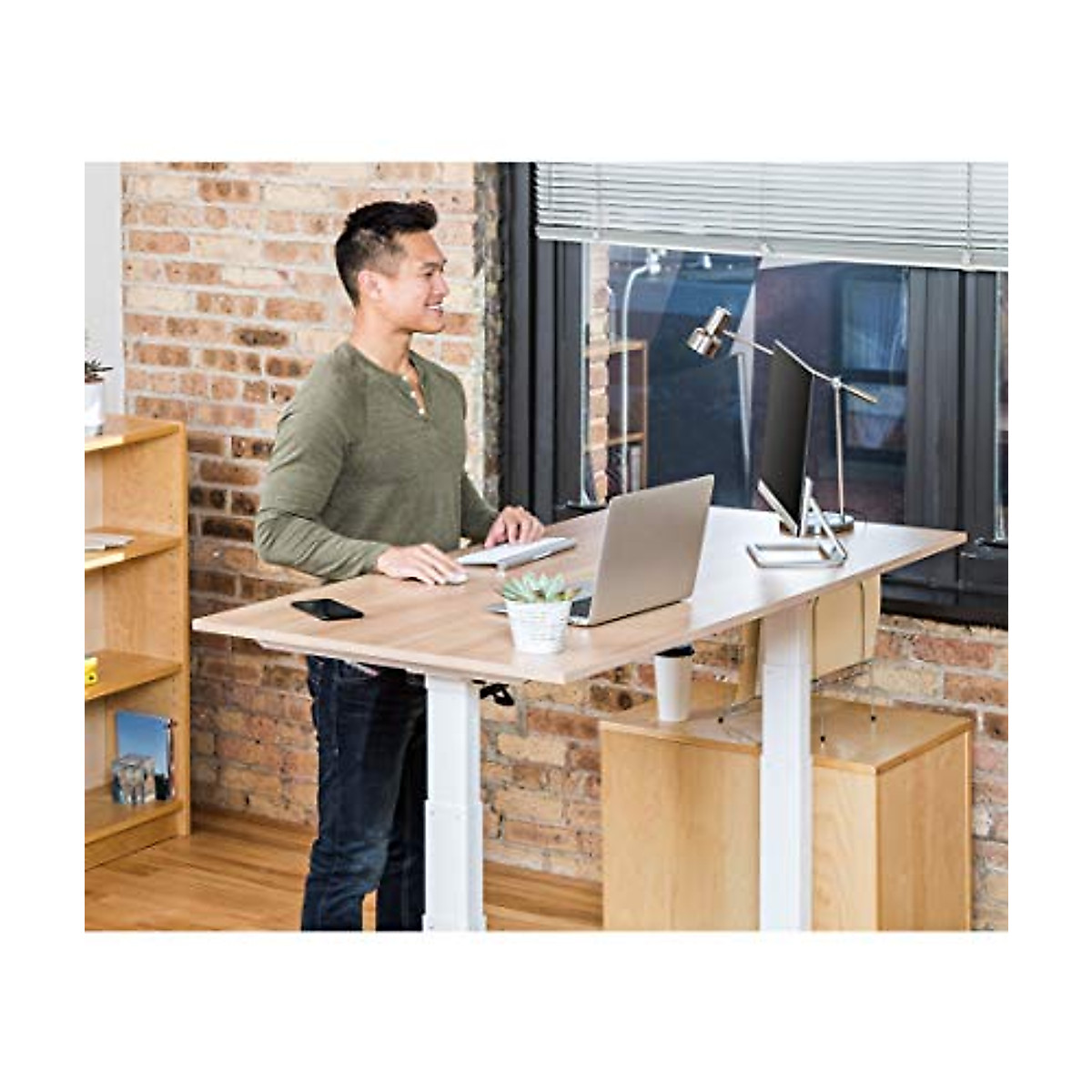 Stand Up Desk Store Dual Motor Electric Adjustable Height Standing Desk with EZ Assemble Steel Frame (White Frame/Natural Walnut Top, 60" Wide)
