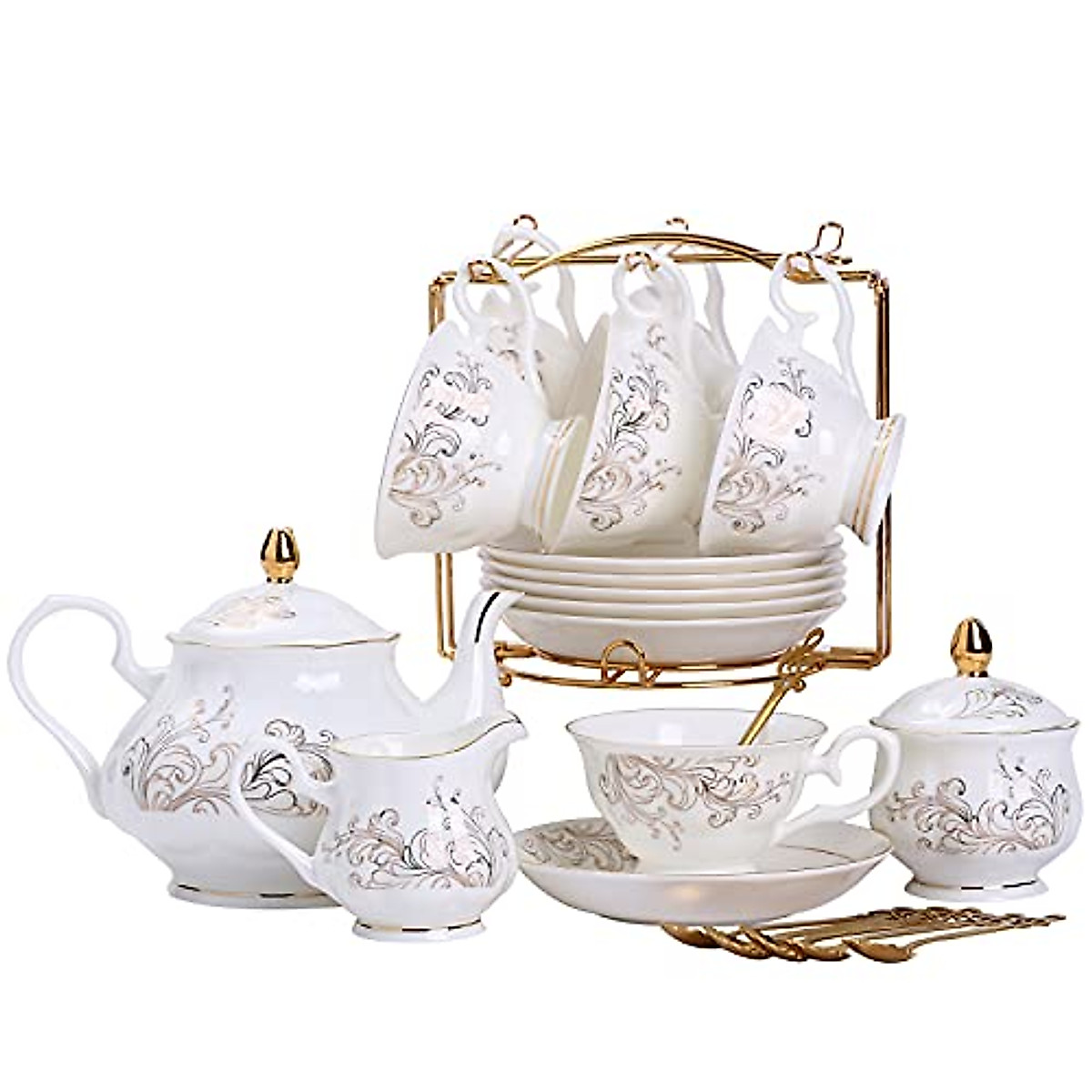 Daveinmic 22-Pieces Porcelain Bone china Tea Sets,Gold Rim Coffee Set with Golden Metal Rack,Cups,Saucers,Spoons,Teapot,Sugar Bowl,Creamer Pitcher,Tea Gift Sets for Home&Party(Gold Rim phoenix set)