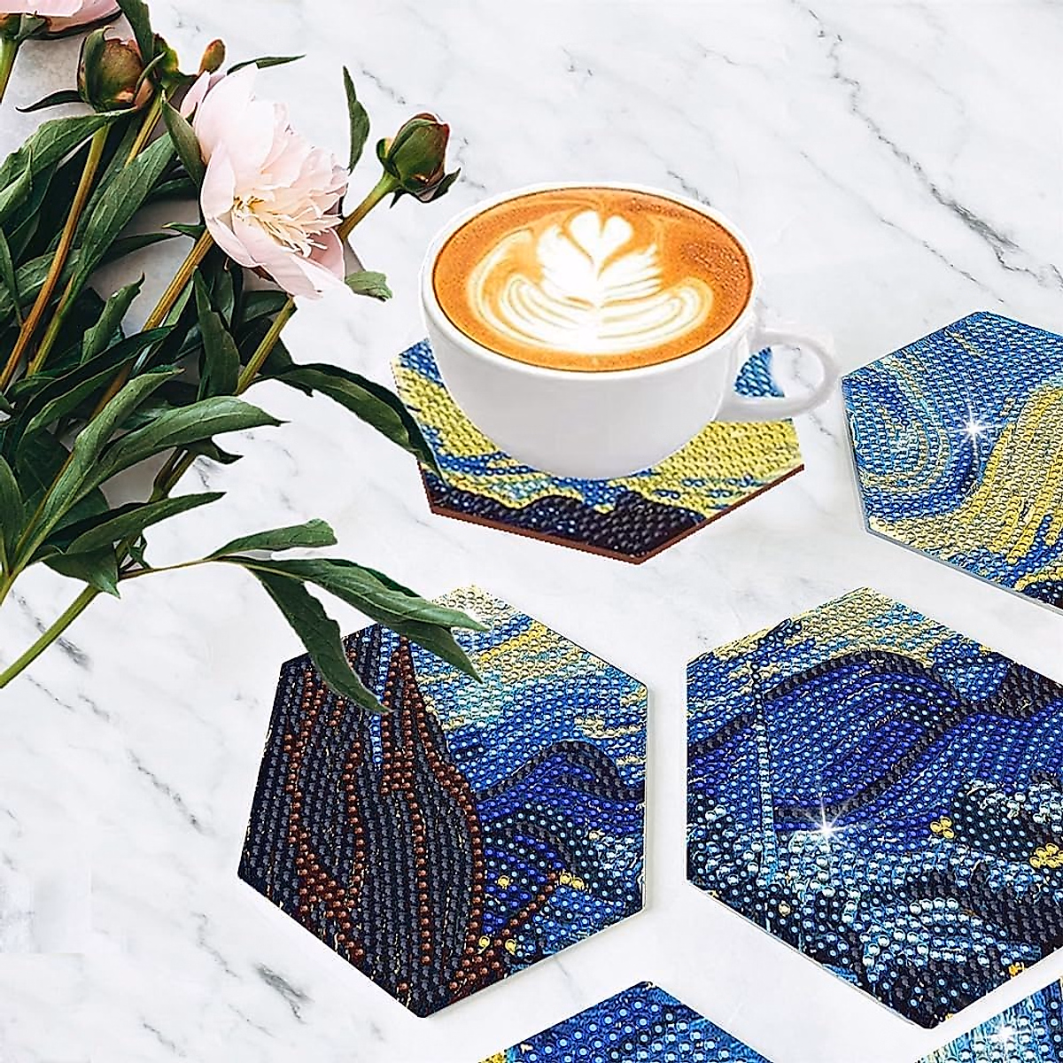 Diamond Painting Kits Coasters Starry Night, 7 PCS Diamond Art Hexagonal Coasters with Holder, Small Diamond Painting Kits for Adults Beginners