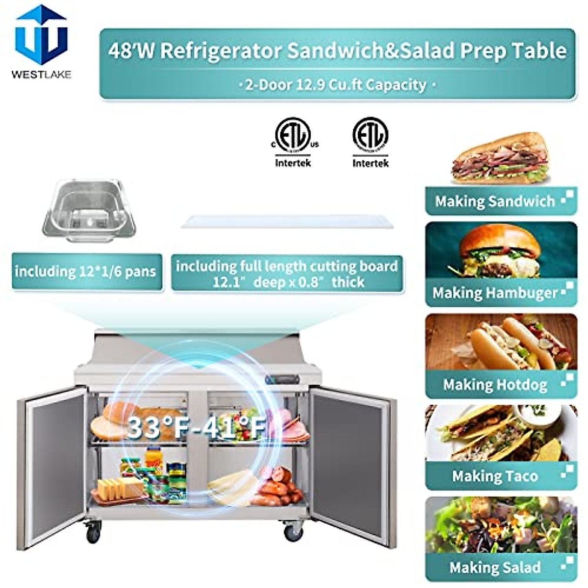 WESTLAKE 48" W 2 Door Refrigerator Sandwich&Salad Prep Table Commercial Stainless Steel Counter Fan Cooling Refrigerator with 12 pans-48 Inches for Restaurant, Bar, Shop, etc