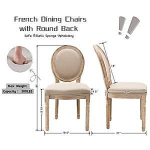 CIMOTA Farmhouse Dining Chairs Set of 4, Upholstered Vintage French Dining Room Chair with Round Back Distressed Wood, Mid Century Side Chairs for Kitchen/Restaurant, Beige/4PCS