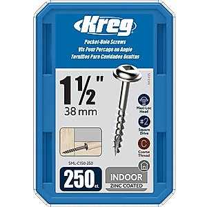 Kreg SML-C150-250 Zinc Pocket Screws, 1-1/2 Inch #8 Coarse Thread, Maxi-Loc Head (250 Count)