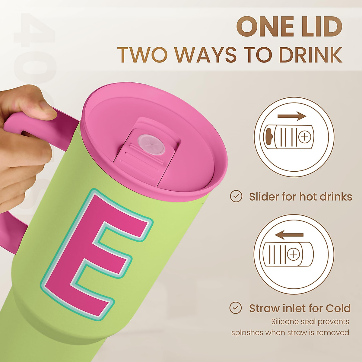 SANDJEST Monogrammed Tumbler with Handle 40oz, Letter E Tumblers Coffee Travel Cup with Straw, Personalized Monogram Initial Gifts for Women Girls, Customized Gifts for Christmas Birthday Mothers Day