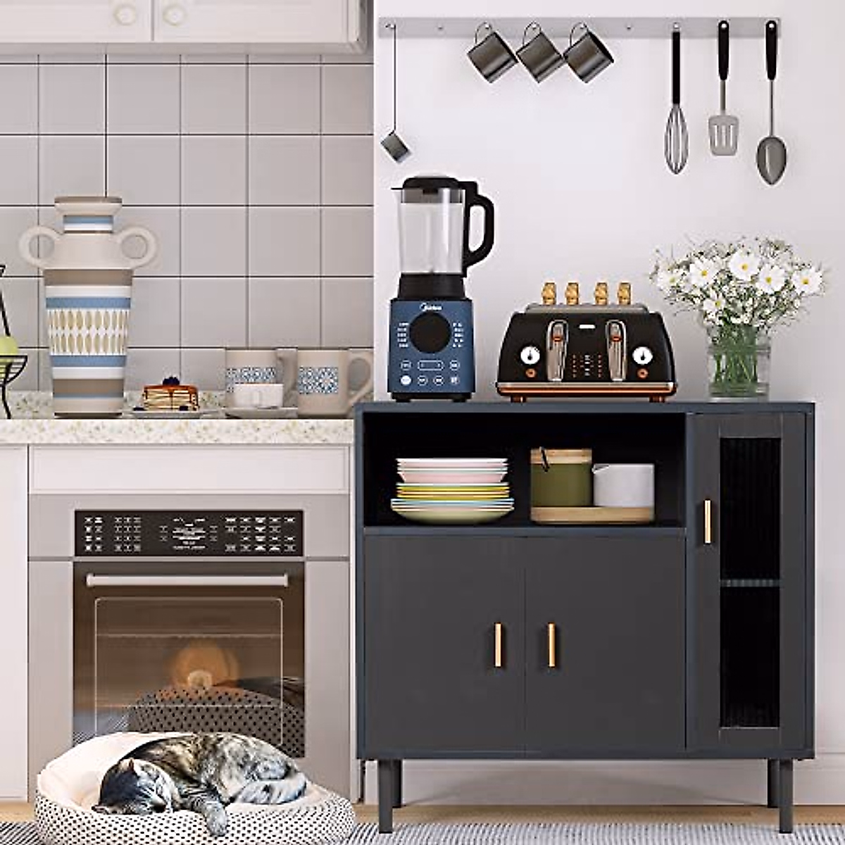 LAZZO Storage Cabinet Credenza Sideboard Buffet Cabinet with Glass Doors Free Standing Entry Coffee Bar Cabinet for Living Room, Hallway, Kitchen and Dining Room Grey