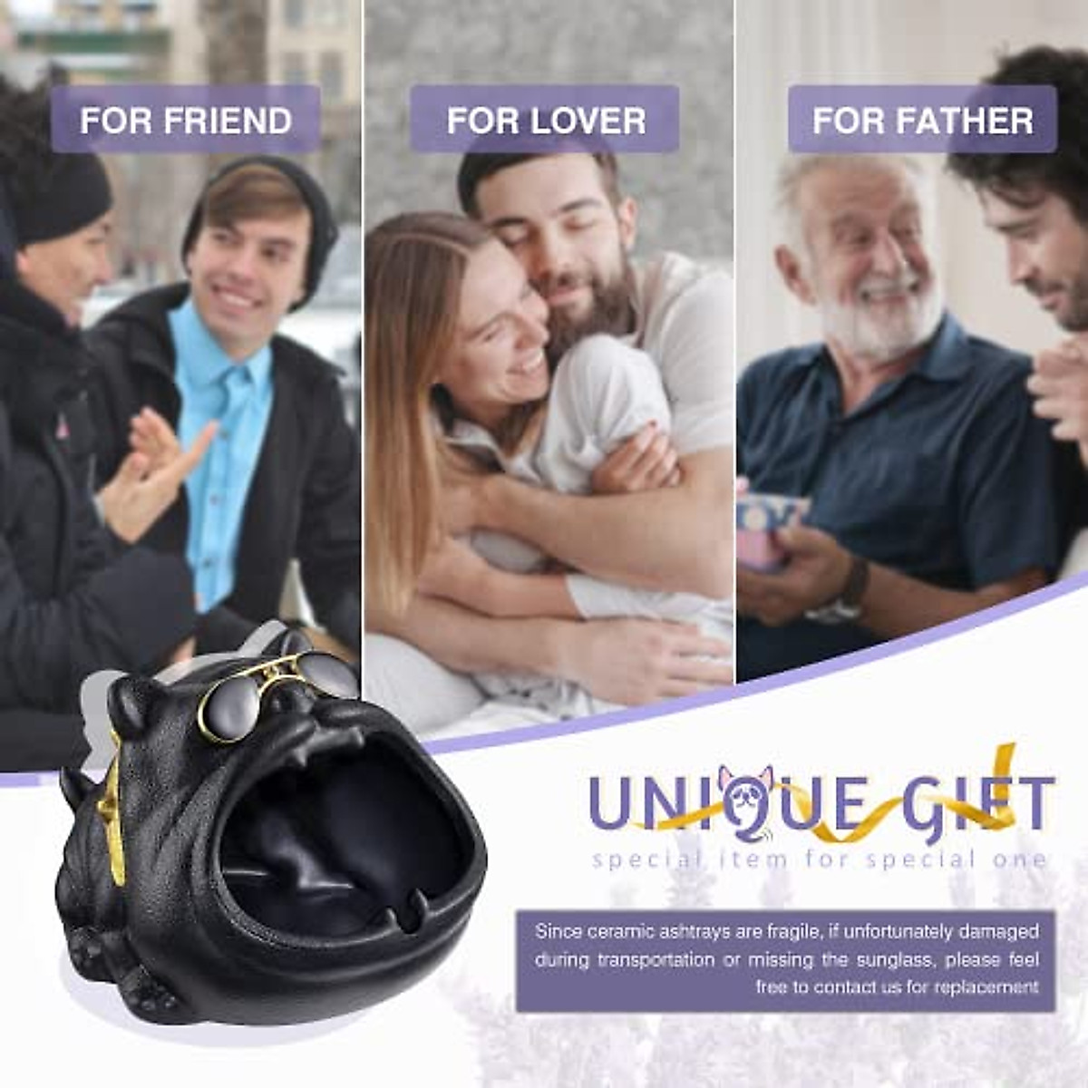 SOMGEM Outdoor Ashtray for Cigarette, Cool Ash Tray Sets for weed, Decorative Fancy Ashtrays of Black Bully Dog Design, Ceramic Desktop Ash Holder for Patio Home Office, Great Gift for Men Women