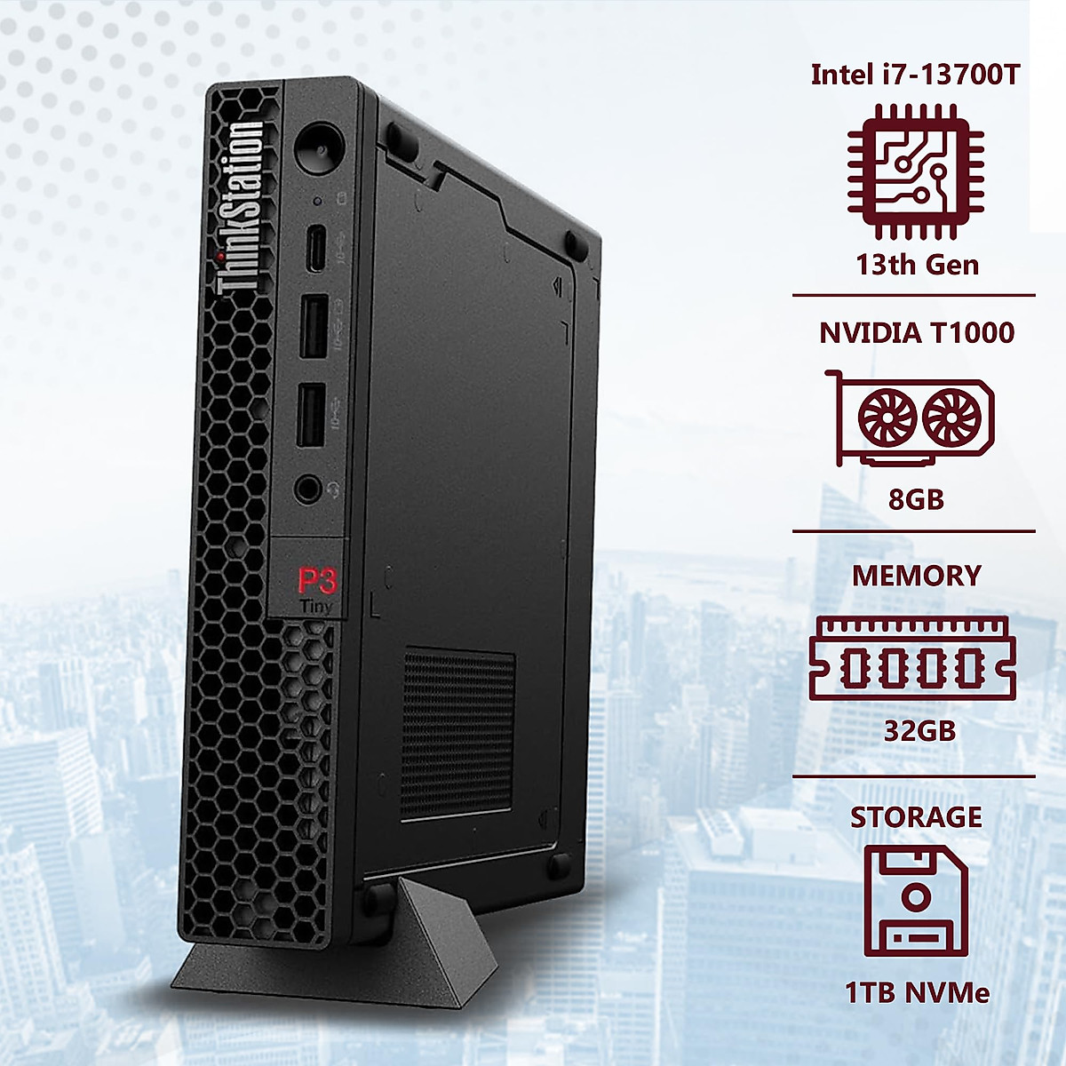 Lenovo ThinkStation P3 Tiny Intel i7-13700T, 32GB DDR5, 1TB NVMe, T1000 8GB Graphics, WiFi 6 + BT, RJ-45, 4X miniDP, DP Port, HDMI, W11P, 3YR, Business Desktop