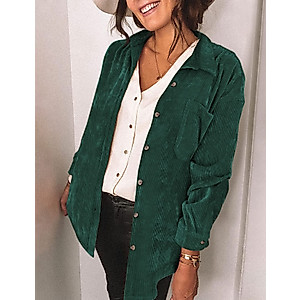 Saslax Womens Corduroy Shirt Long Sleeve Oversized Button Up V Neck Blouses Tops Loose Shacket Jacket with Pockets Green M