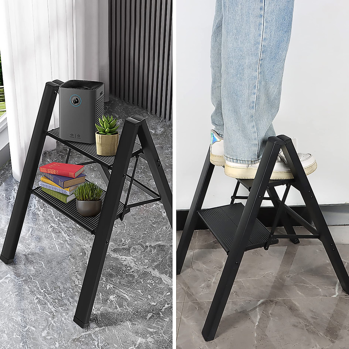 elfinrm 2 Step Ladder, Aluminum Folding Step Stool with Anti-Slip and Wide Pedal, for Library, Kitchen, Office, 330 lbs Capacity, Black