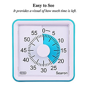 Searon Visual Timer for Kids Autism 3.07" Square 60 Minute Countdown Analog Timer No Loud Ticking for Kid Teacher Home Work School Classroom Children or Adults with Special Needs