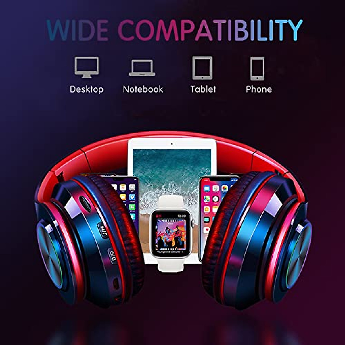 Bluetooth Headphones Over Ear for Music,LED Foldable Stereo Headphones for Gaming with Volume Control,Built in Mic,Support TF,Wired and Wireless Headset for Smart Phone/TV/PC(Black)