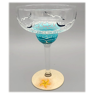 Beach Margarita Glass - Hand Painted - Sea, Waves, Seagulls, Starfish, Sea Turtle, Shell, Sand, Summer