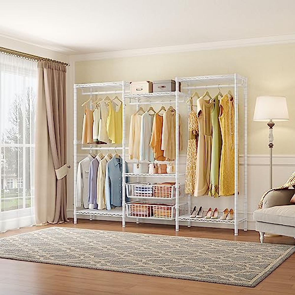 VIPEK V10i Garment Rack Heavy Duty Clothes Rack, Freestanding Closet Rack for Hanging Clothes Large Wardrobe Metal Clothing Rack with 2 Slid Storage Baskets, 68.2" L x 15.7" W x 70.5" H, White