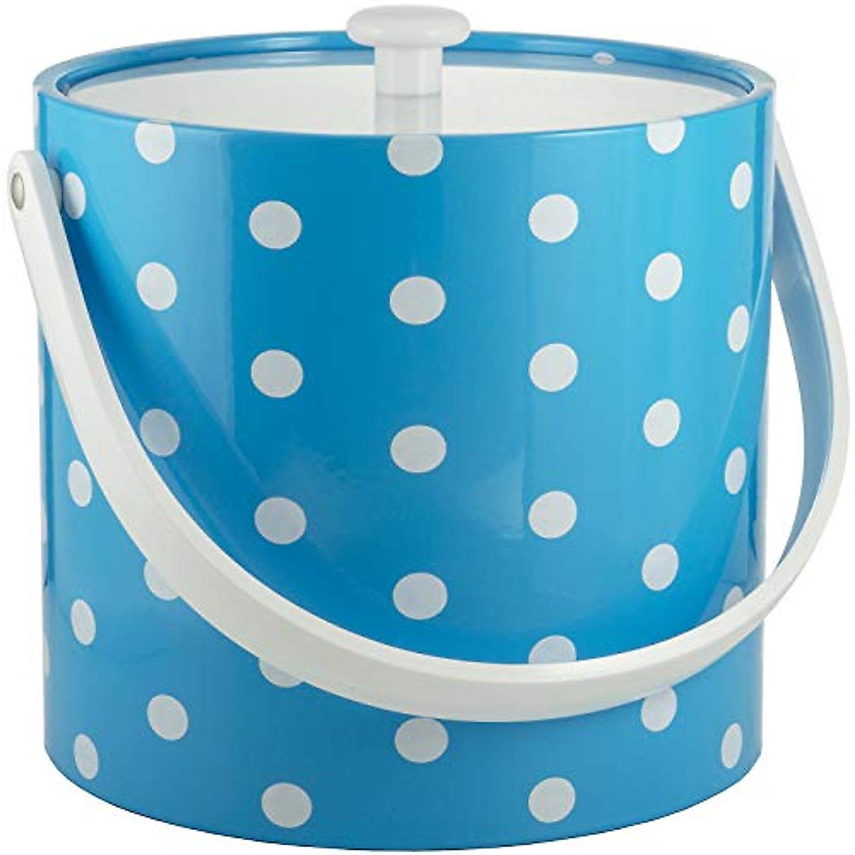 Hand Made In USA Turquoise & White Double Walled 3-Quart Insulated Ice Bucket With Ice Tongs (Polka Dot Collection)
