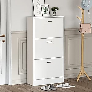Hitow Shoe Storage Cabinet, Narrow Shoe Cabinet with 3 Flip Drawers & Adjustable Shelf, Space Saving Entryway Freestanding Shoe Rack, White (23.6" W x 9.4" D x 45.5" H)