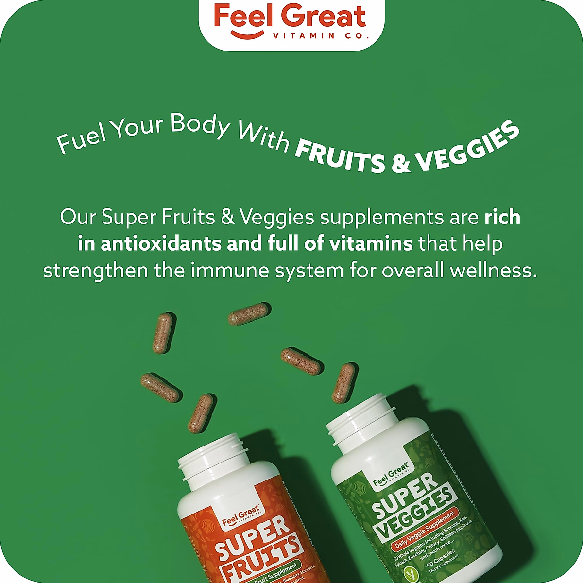 Feel Great Fruit and Vegetable Supplements | 20+ Super Reds & Greens for Natural Energy Support | Vegan Fruit and Veggie Vitamins | 2 Pack of 90 Count Each
