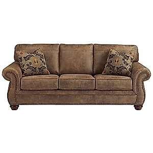 Signature Design by Ashley Larkinhurst Faux Leather Sofa with Nailhead Trim and 2 Accent Pillows, Brown